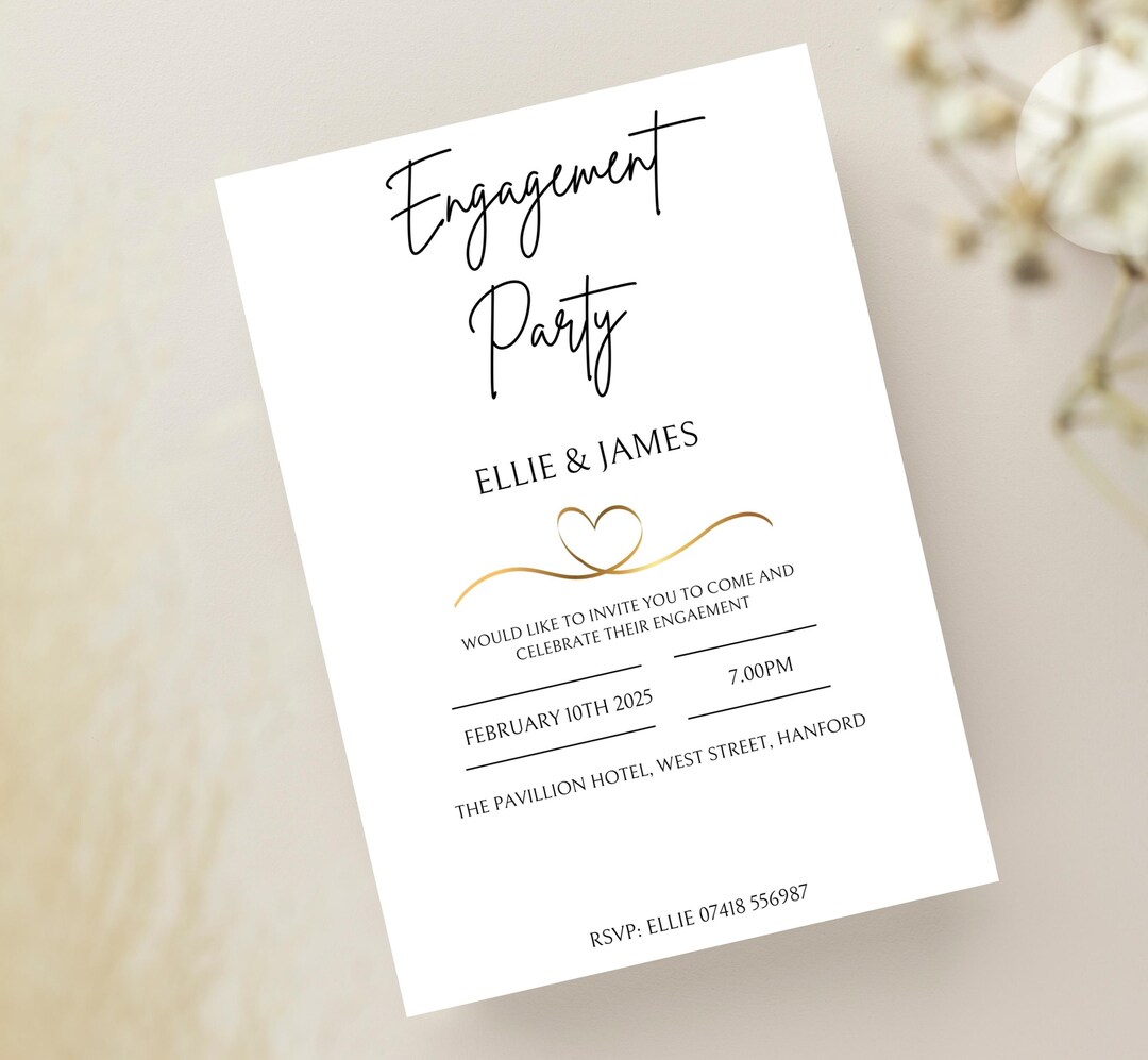 Engagement Party Invitations and Envelopes,personalised Gold Heart ...