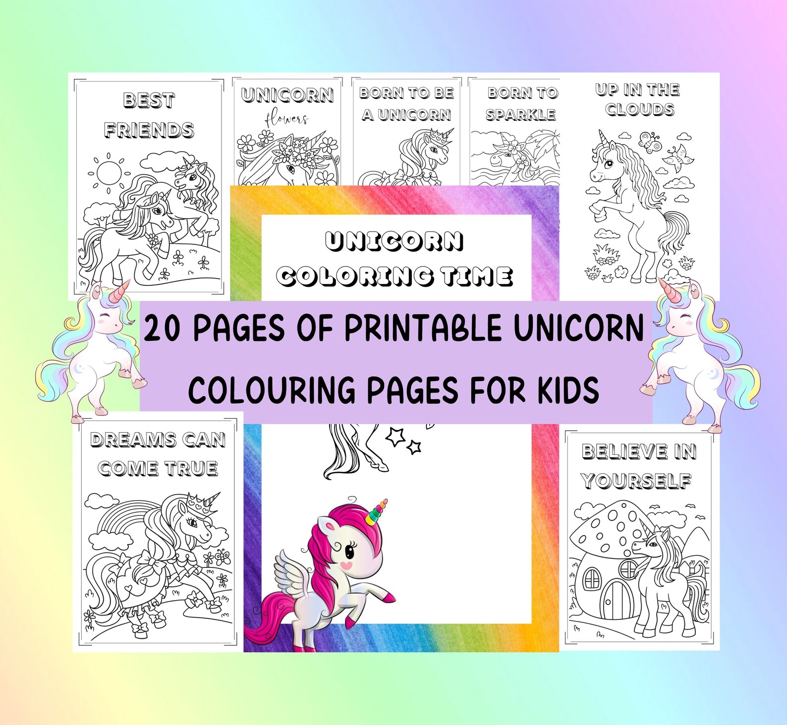 Kids Printable Unicorn Colouring Pages,20 Pages of Unicorn Childrens ...