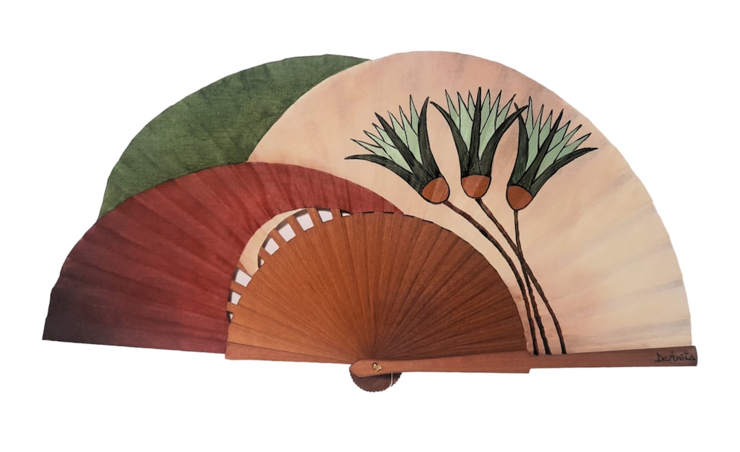 Green Papyrus Flower Spanish Hand Fan, Hand Painted Botanical Art ...