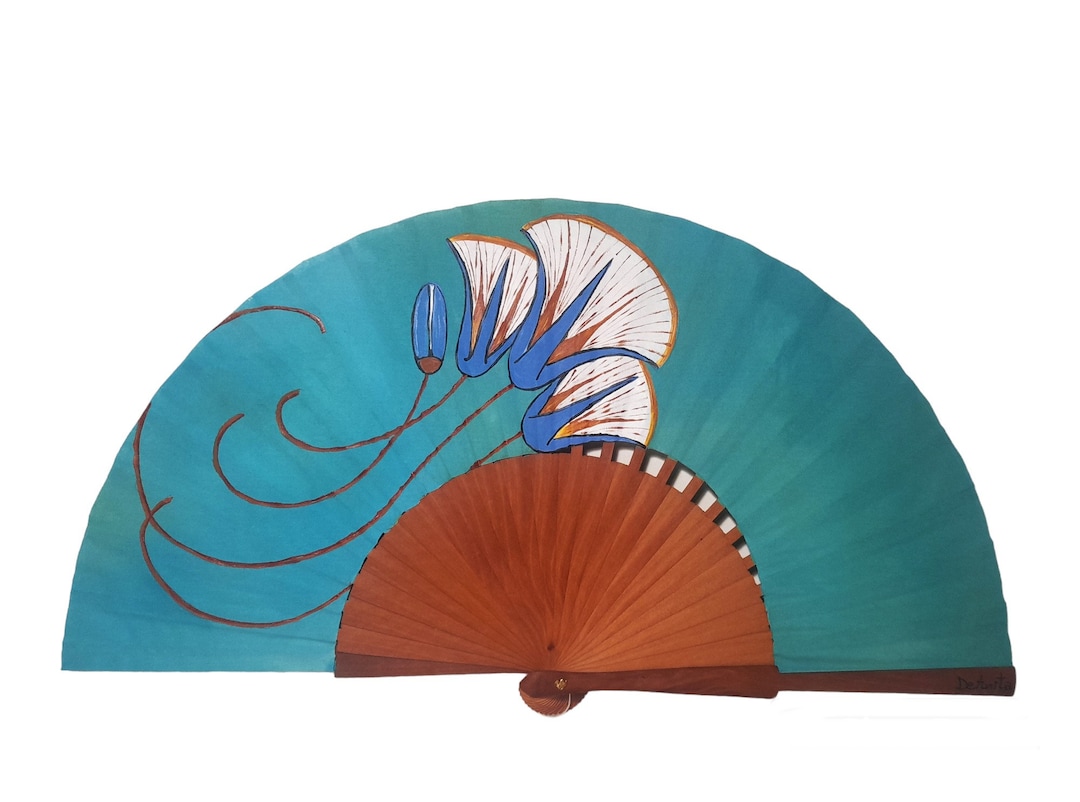 Turquoise Papyrus Flower: Hand-painted Spanish Fan, Luxury Wood Art ...