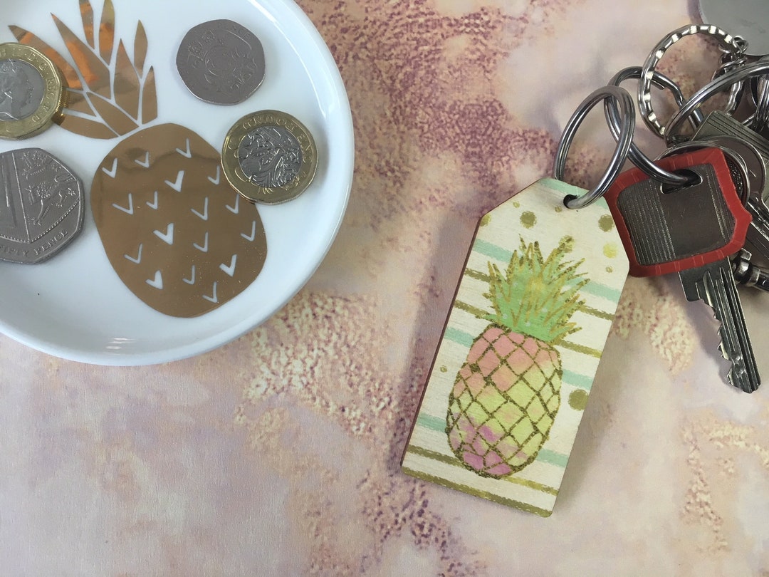 Wooden Keyring / Pineapple Gold & Green Background / Personalised ...