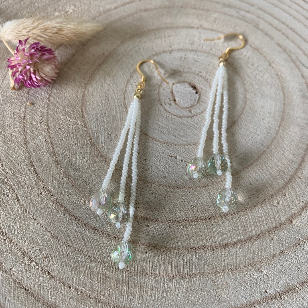 Simple Beaded Dangle Earrings, Czech Glass Bead Earrings, White Beaded ...