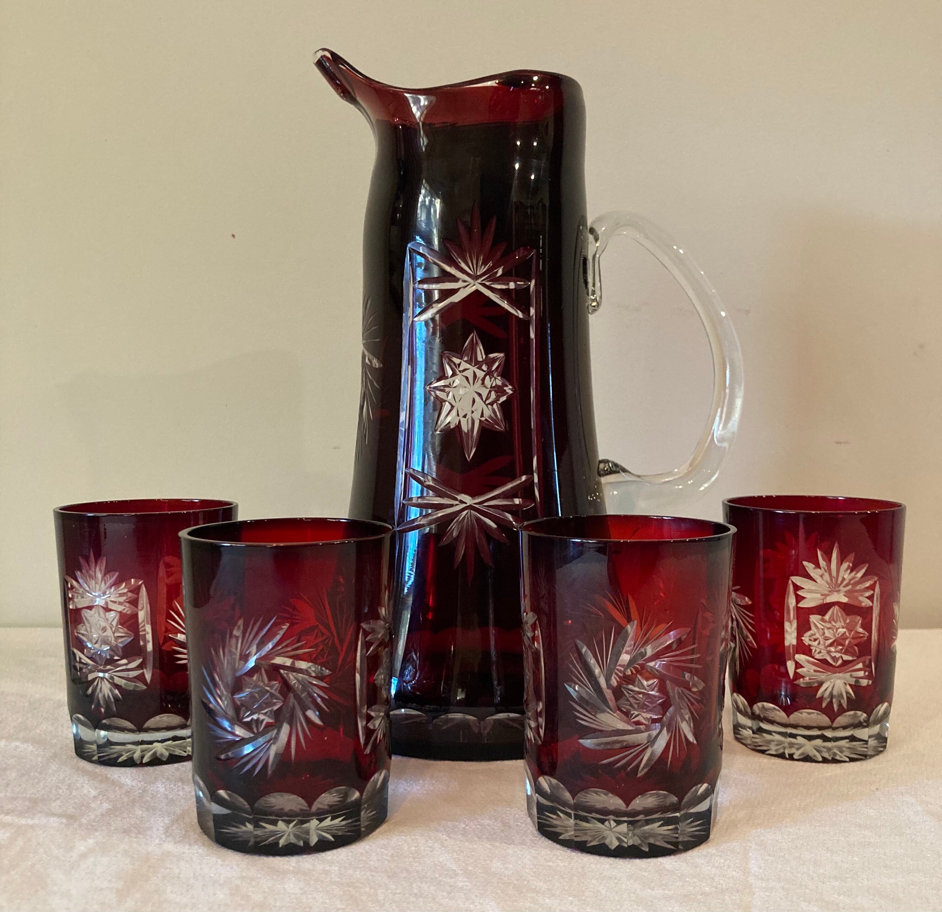 Vintage Czech Bohemian Cut to Clear Ruby Red Crystal Pitcher and ...