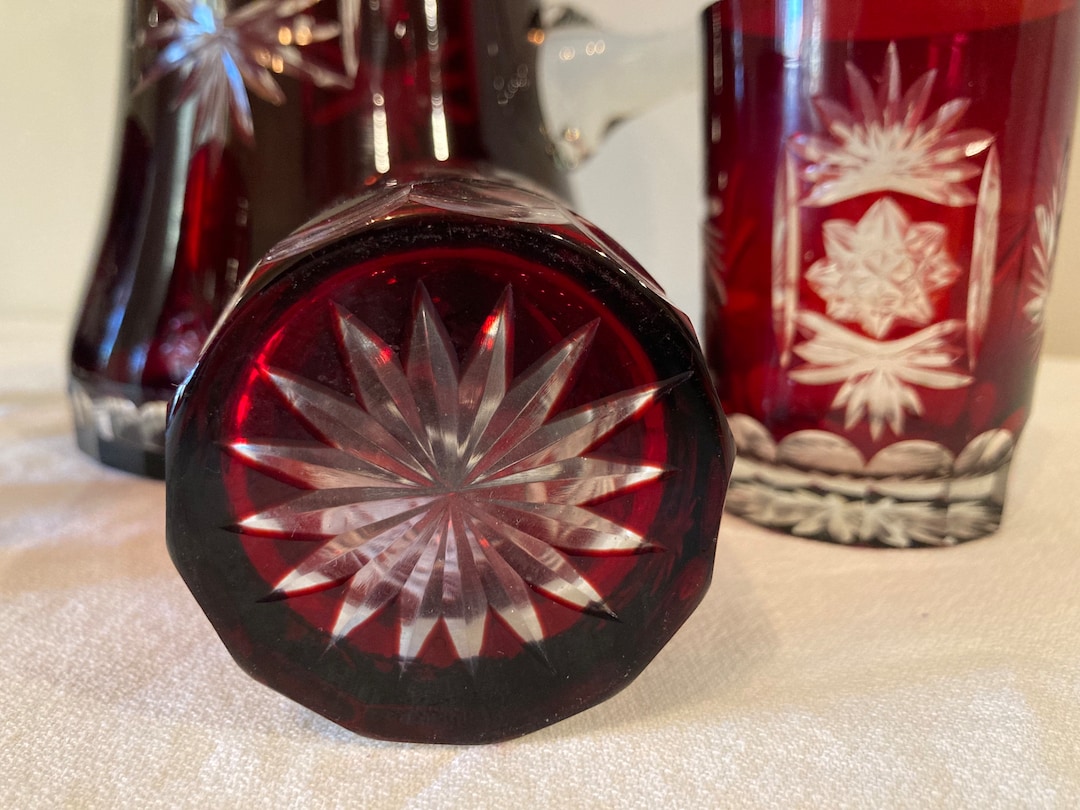 Vintage Czech Bohemian Cut to Clear Ruby Red Crystal Pitcher and ...