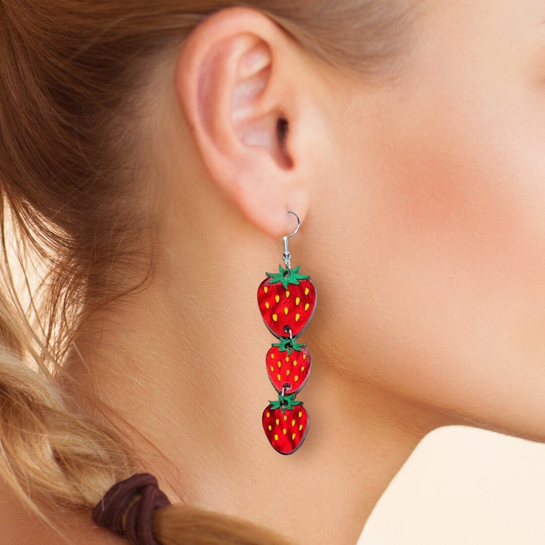 Fruit Earring, Cute Strawberry Lightweight Dangle Earrings in Red ...