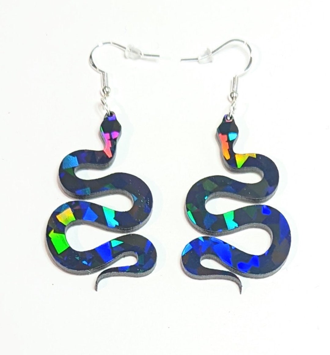 Disco Snake Dark Blue Iridescent Acrylic Snake Dangle Earrings on 925 ...