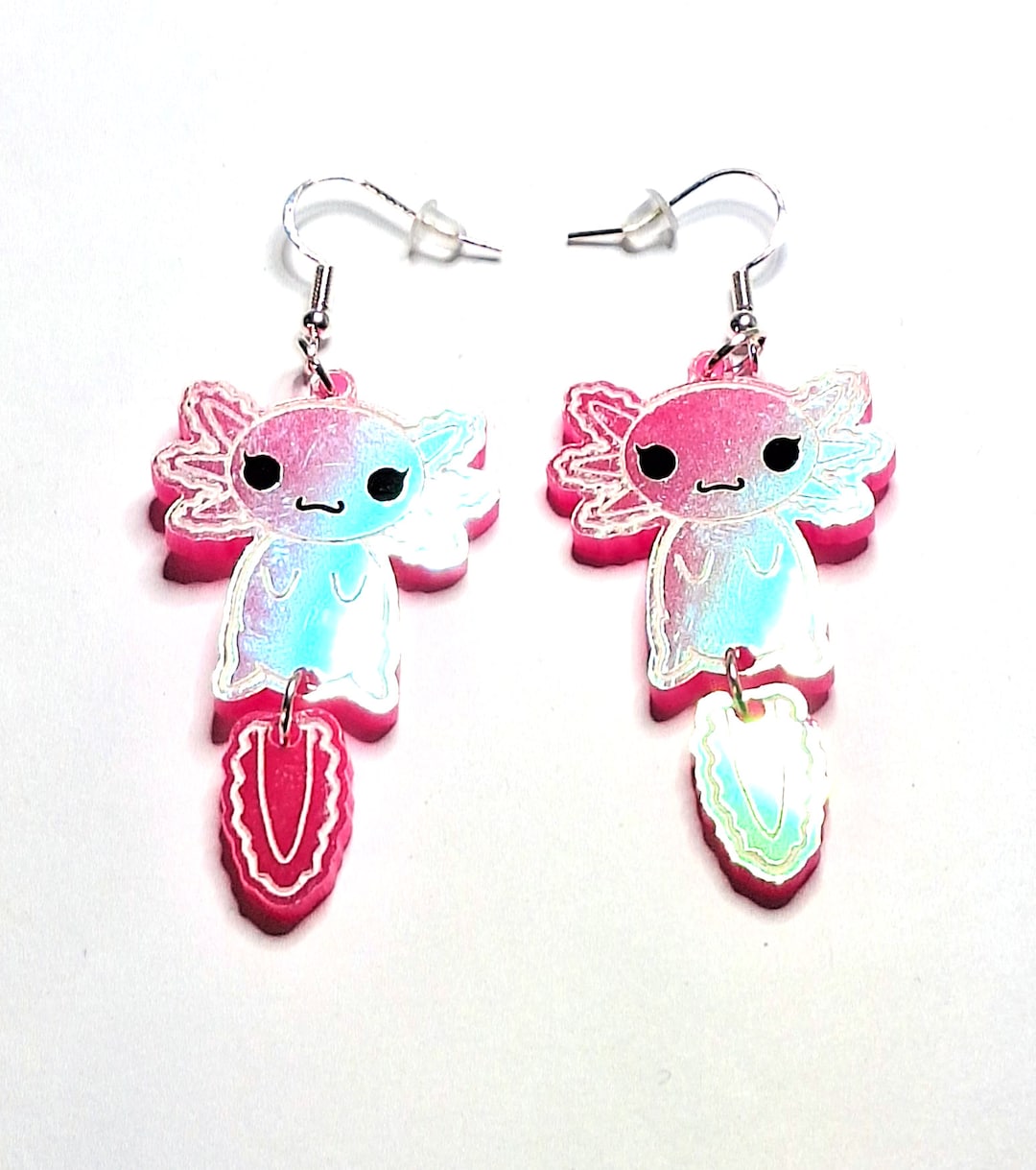 Hot Pink Axolotl Earrings, Amphibian Dangles, Holographic Pink ...