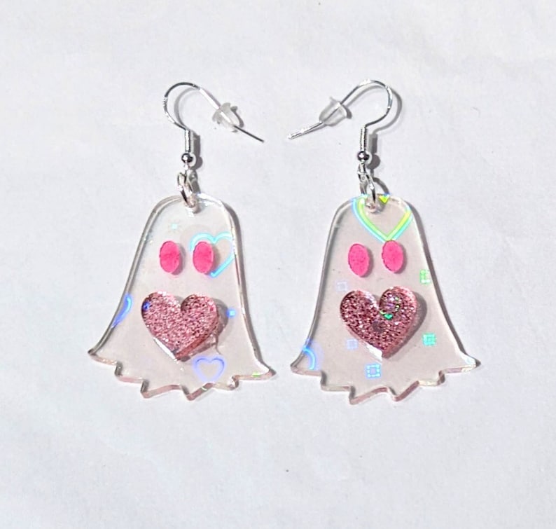 Cute Clear Iridescent Ghosts With Pink Glitter Hearts Dangle - Etsy