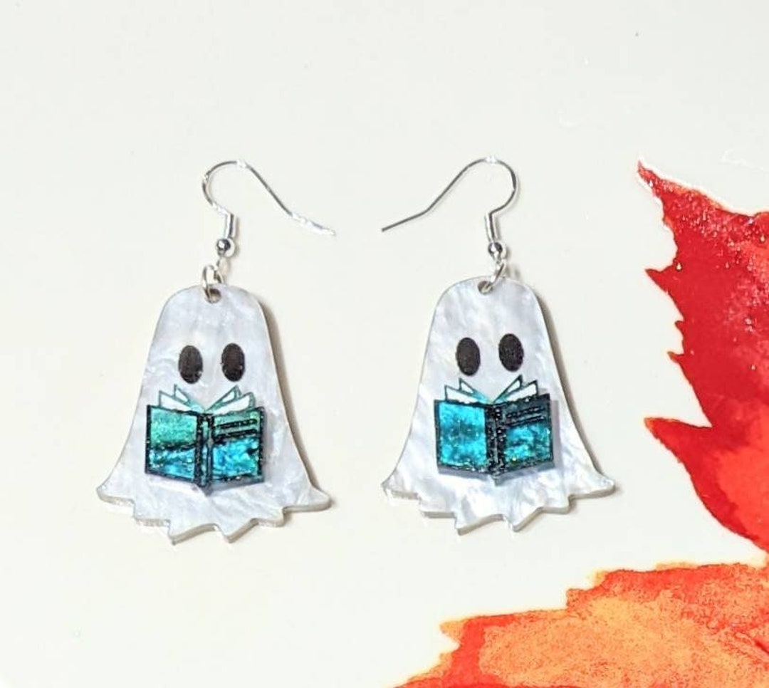Cute Ghosts With Book Dangle Earrings, White Pearlescent Ghost & Teal ...