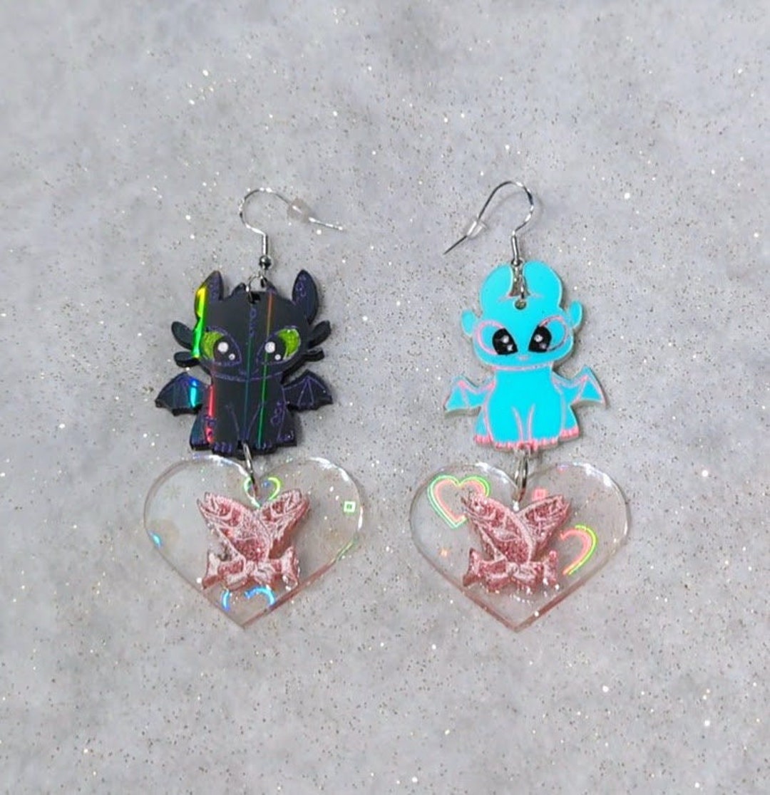 Toothless & Ruthie Iridescent Dragons With Hearts and Trout Dangle ...