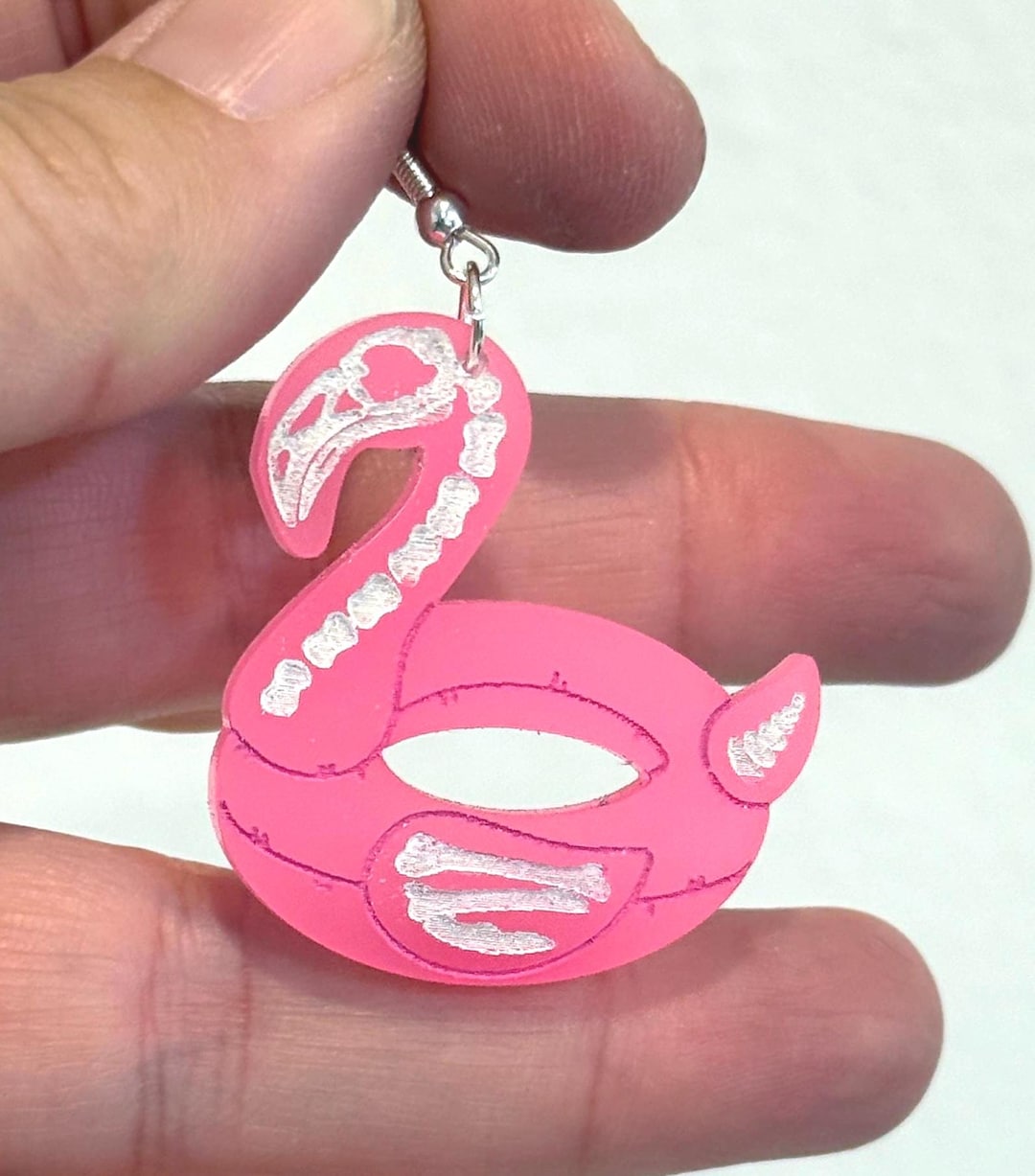Small Neon Pink Glowing Flamingo Skeleton Floatie Dangle Earrings, Cute ...