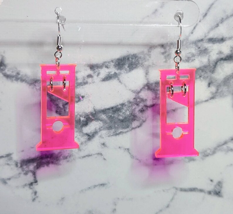 Mini Neon Pink Guillotines Earrings in Fluorescent Acrylic, Guillotine ...