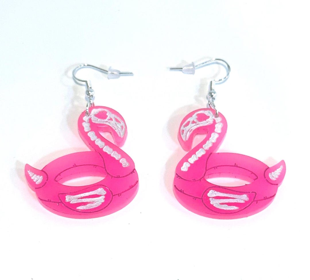 Neon Pink Glowing Flamingo Skeleton Floatie Dangle Earrings, Cute ...
