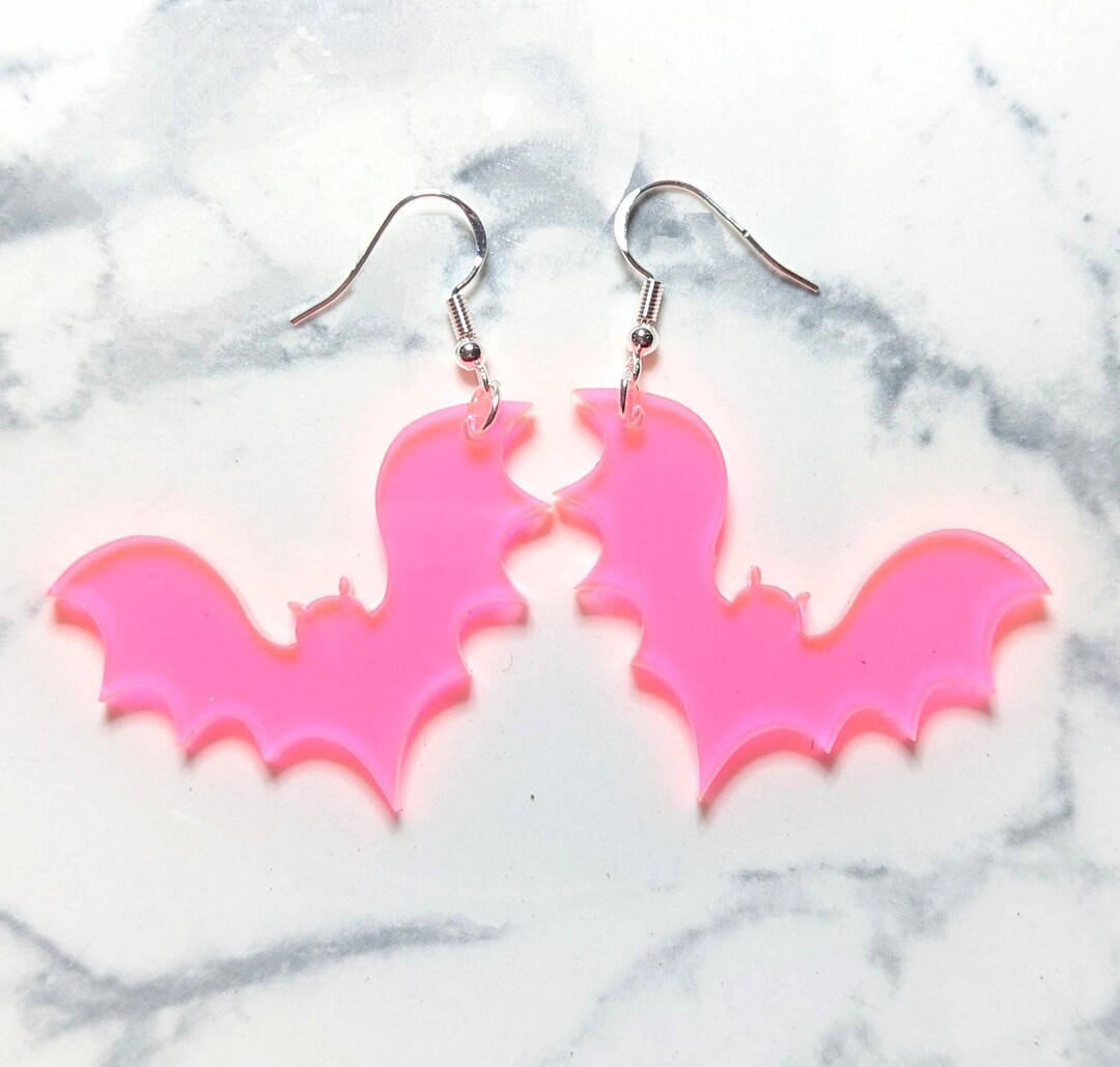 Neon Pink Bat Dangle Earrings, Large Acrylic Dangle & Drop Earrings ...