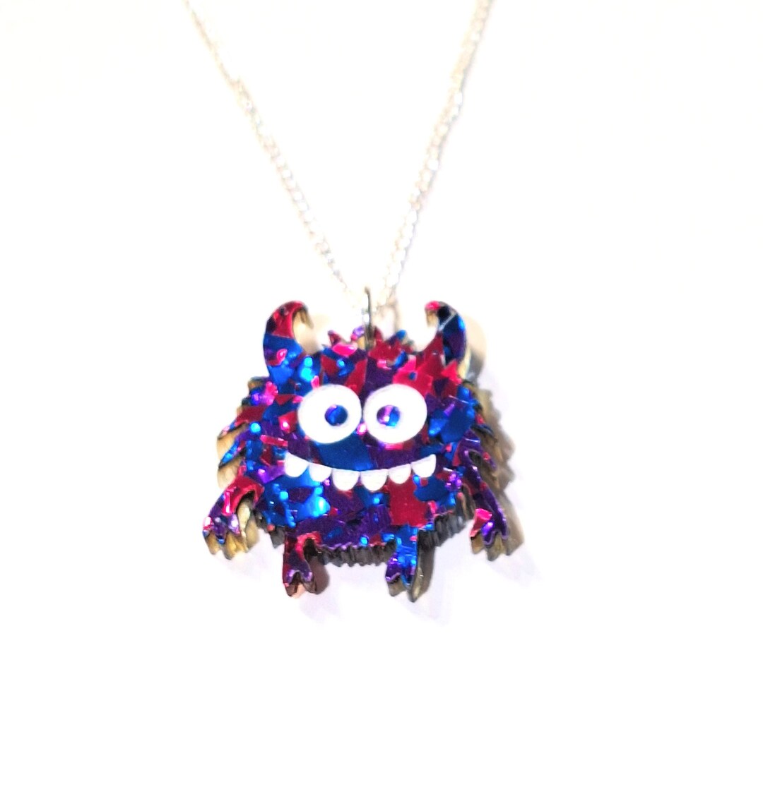 Purple Glitter Silly Monster Pendant Necklace in Purple Chunky Glitter ...