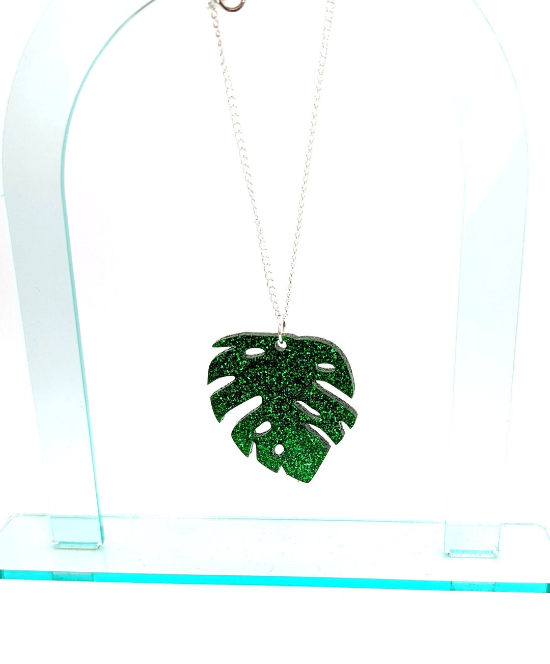 Monstera Leaf Pendant Necklace Made With Green Glitter Sparkle on 16 ...