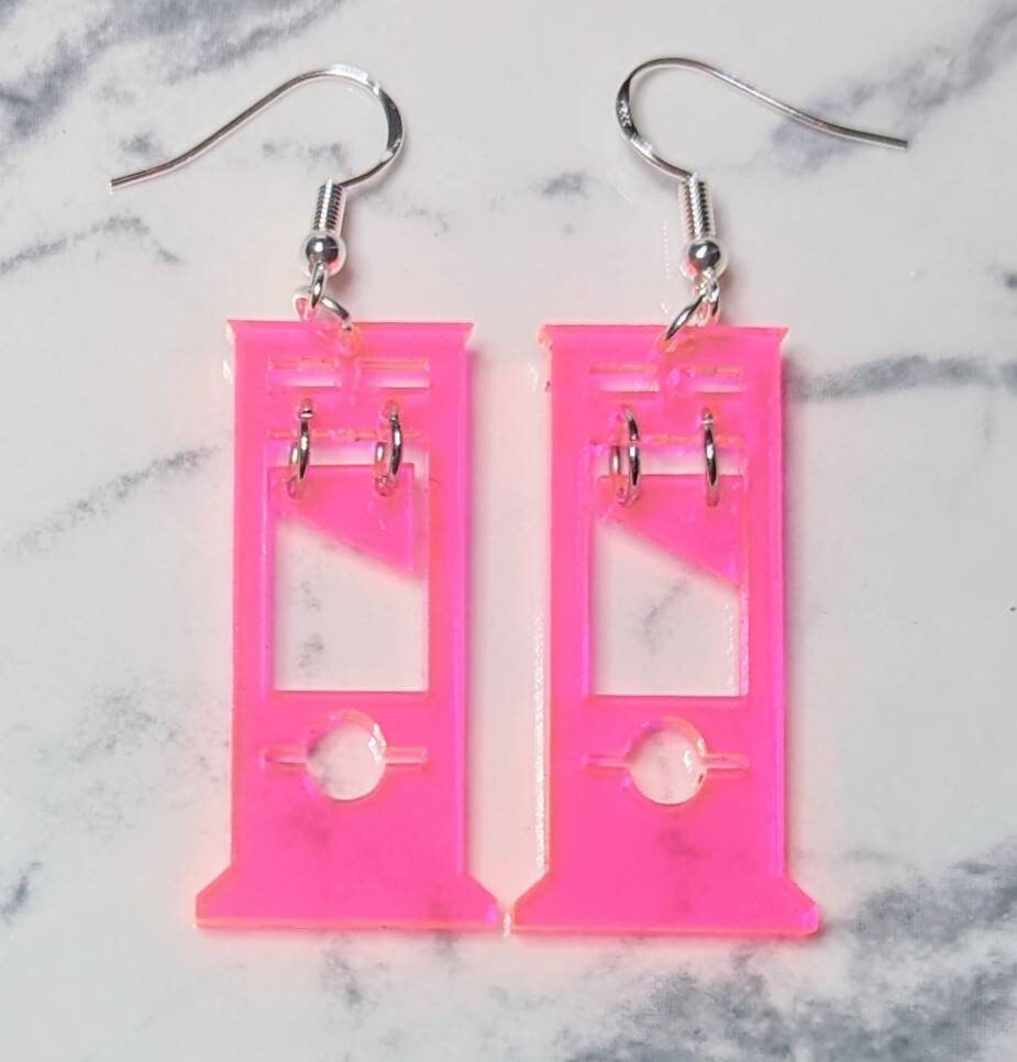 Mini Neon Pink Guillotines Earrings in Fluorescent Acrylic, Guillotine ...