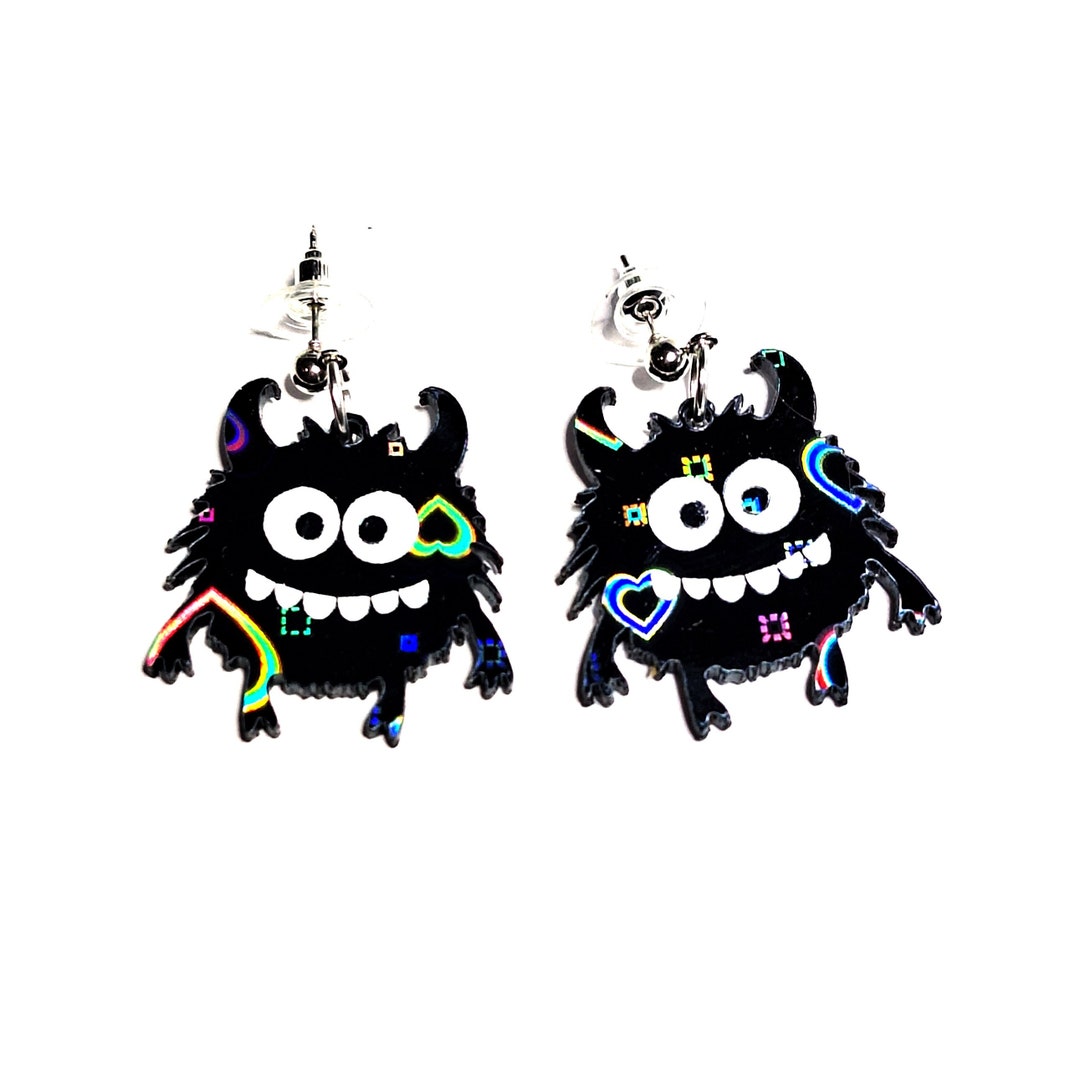Silly Cute Love Monster Dangle Earrings in Dark Holographic Acrylic ...