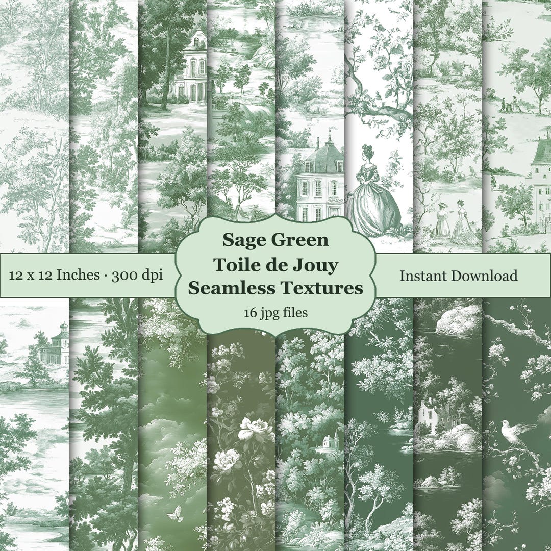 Sage Green Toile De Jouy Textures, Seamless Patterns (digital Download ...