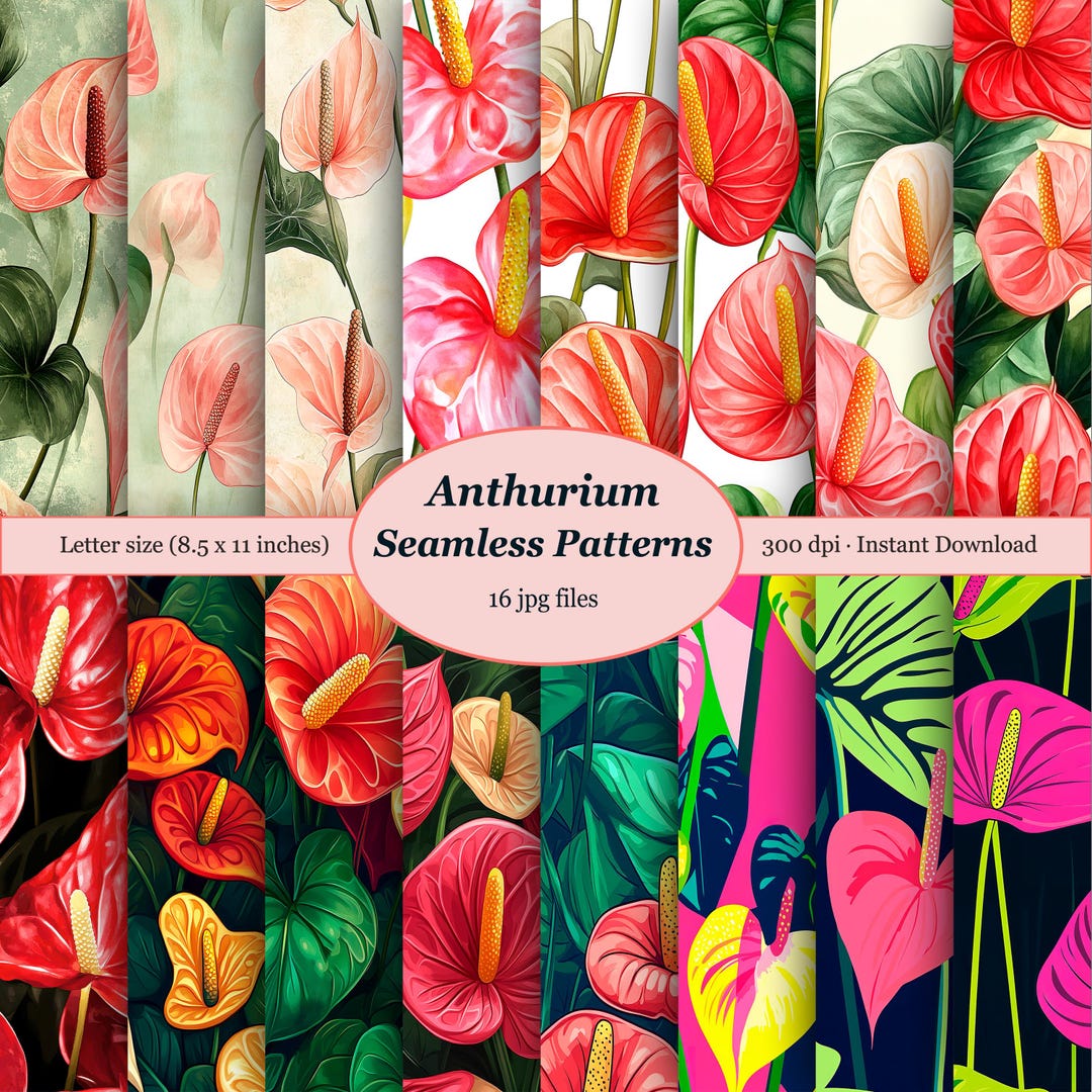 Anthurium Digital Paper, Seamless Pattern Anthurium, Watercolor ...
