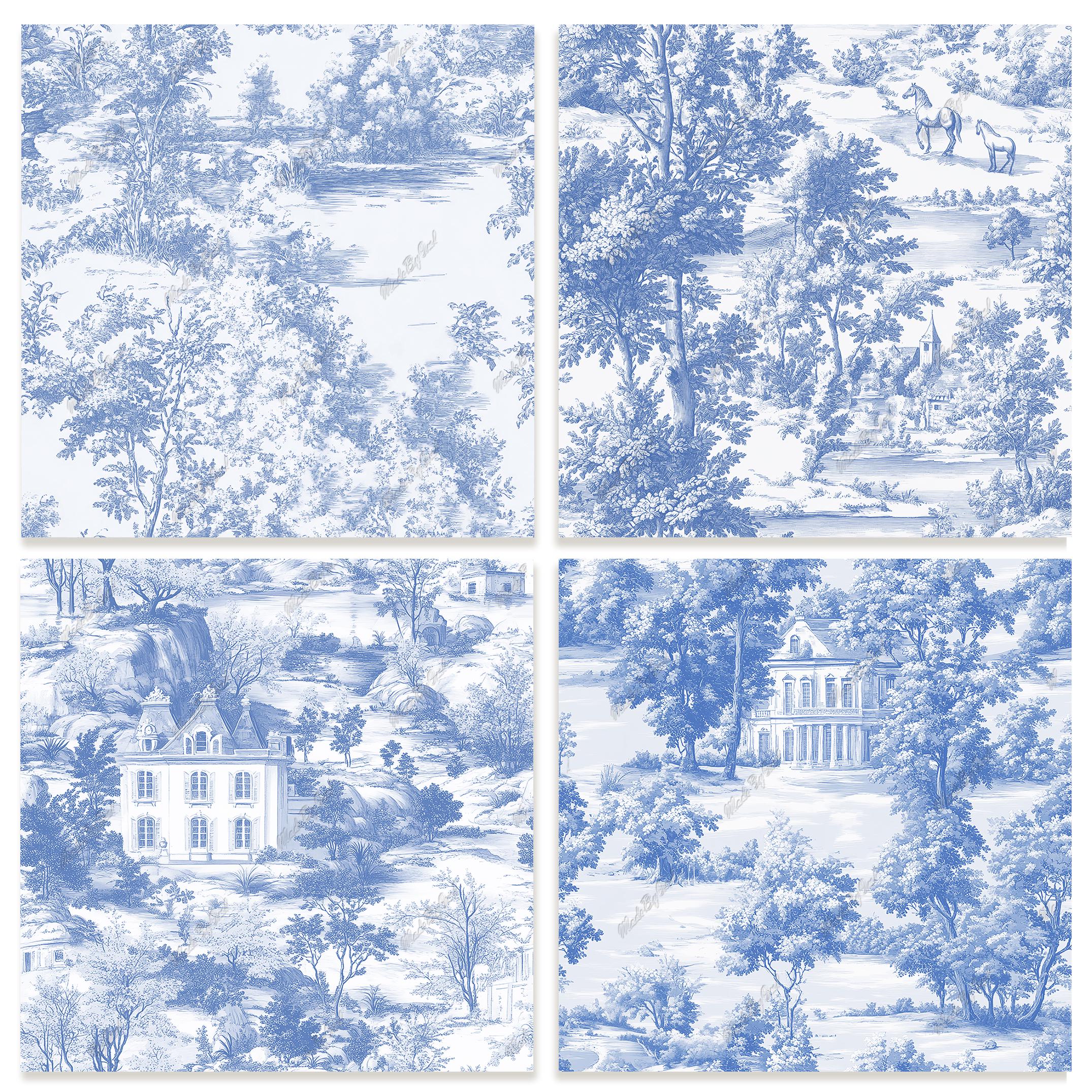 Blue Toile De Jouy Seamless Pattern Digital Paper, French Toile De Jouy ...