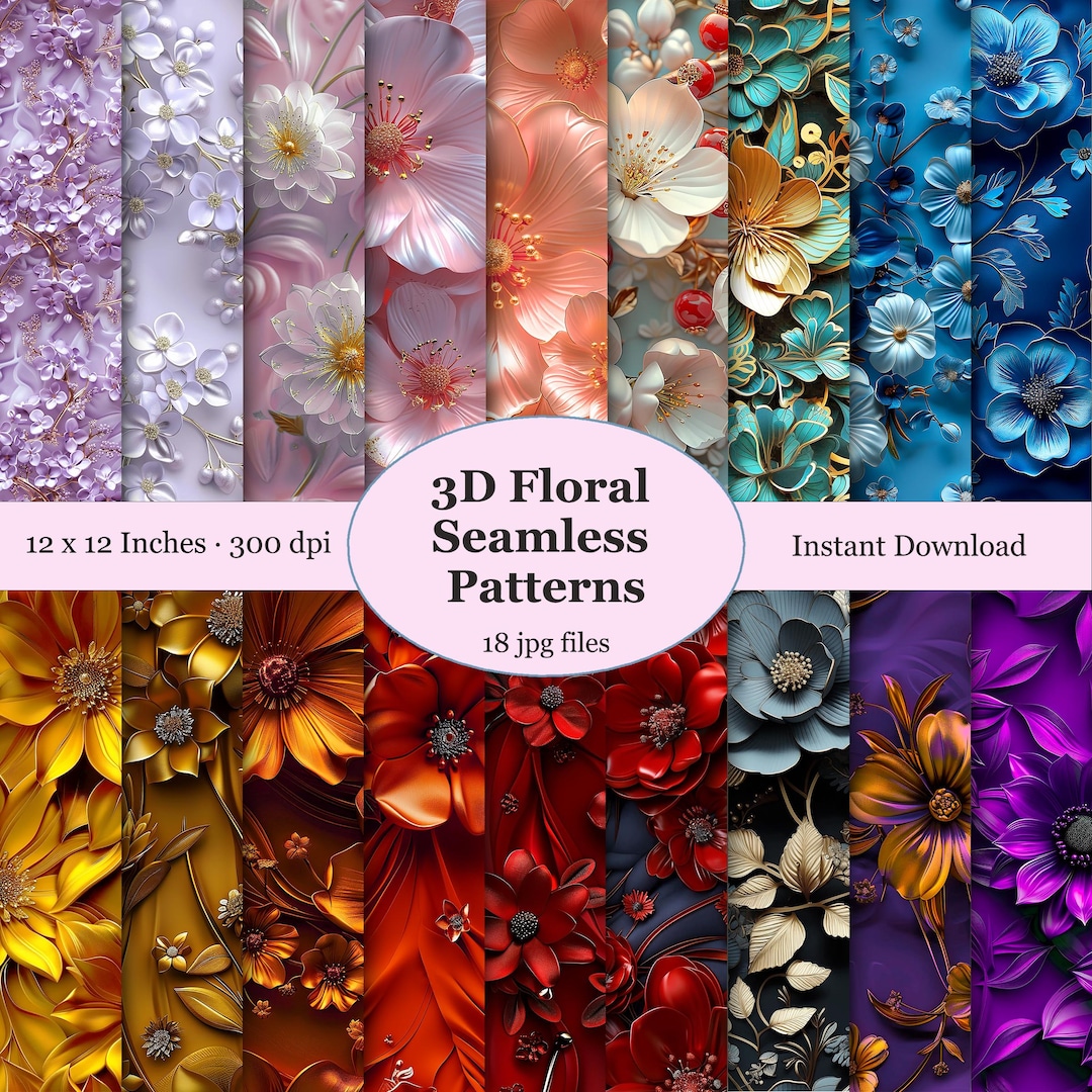 3D Floral Seamless Patterns, Floral Digital Paper Pack, Flower Seamless ...