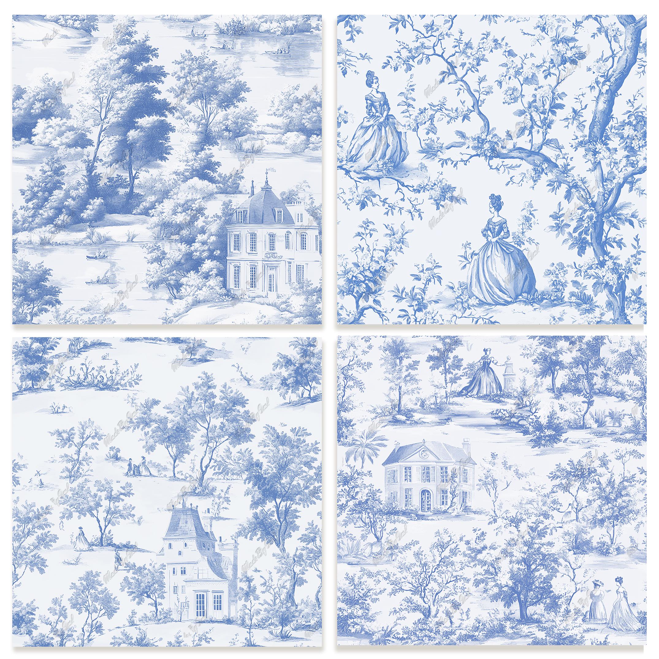 Blue Toile De Jouy Seamless Pattern Digital Paper, French Toile De Jouy ...