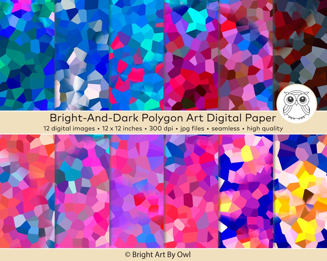 Seamless Neon Blue 12x12 Digital Paper Pack, Low Poly, Colorful Polygon ...