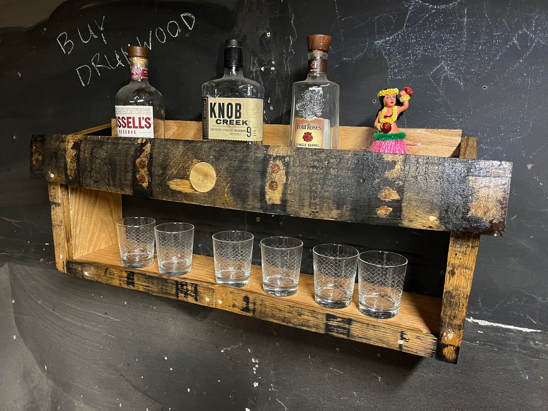 Handmade Bourbon Barrel Stave Shelf: Rustic Whiskey and Glass Display ...
