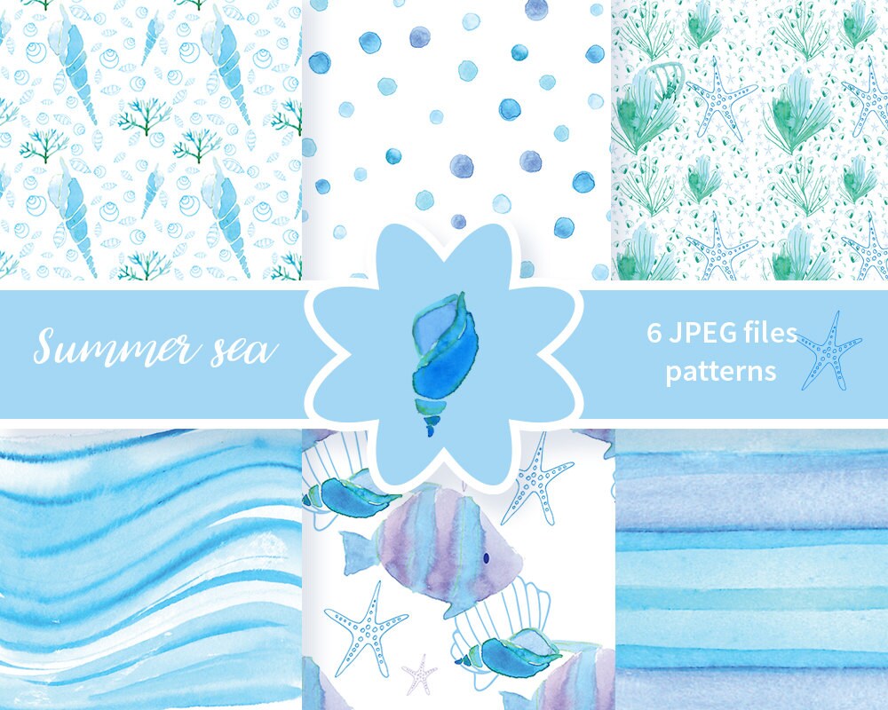 Paper, Party & Kids seahorse starfish beach nautical waves Watercolor ...