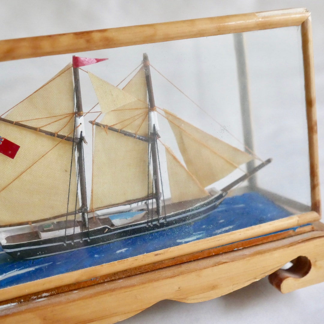 Vintage Model Sailing Ship Diorama in Display Case of Glass and Bamboo ...