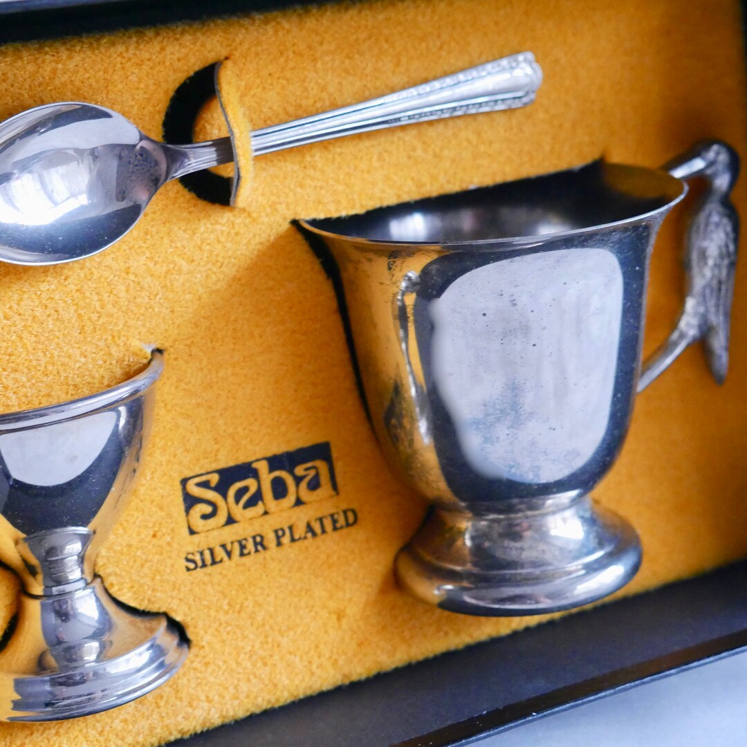 Vintage Seba Baby Cup, Cuillère Et Coquetier Coffret Cadeau De Baptême ...
