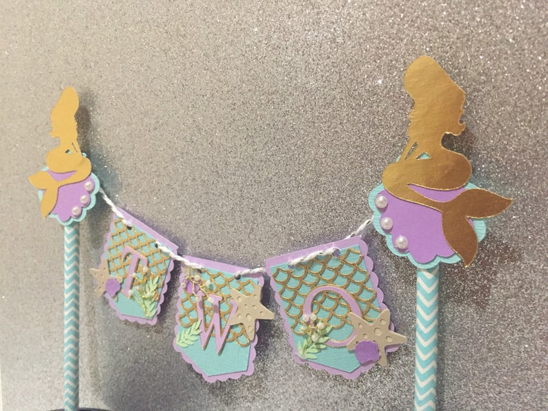 Mermaid Cake Topper two Purple Teal and Foil Gold - Etsy