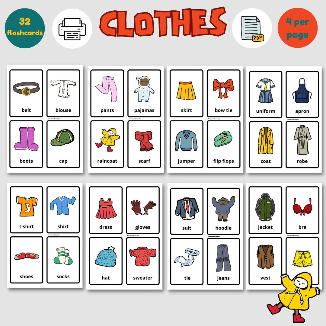 Clothes Digital Flashcards, Teaching Materials Instant Downloads, Cute ...