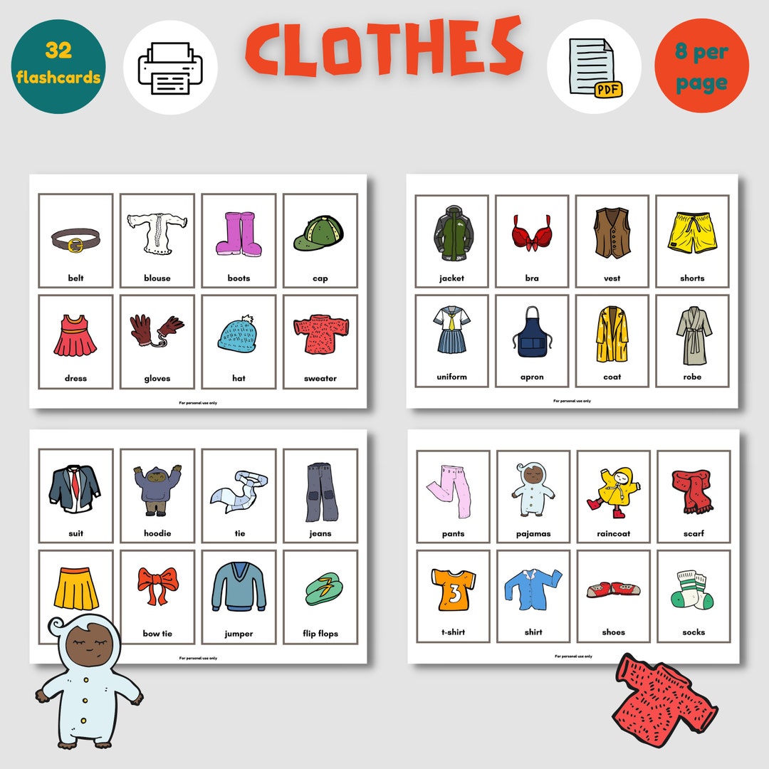 Clothes Digital Flashcards, Teaching Materials Instant Downloads, Cute ...