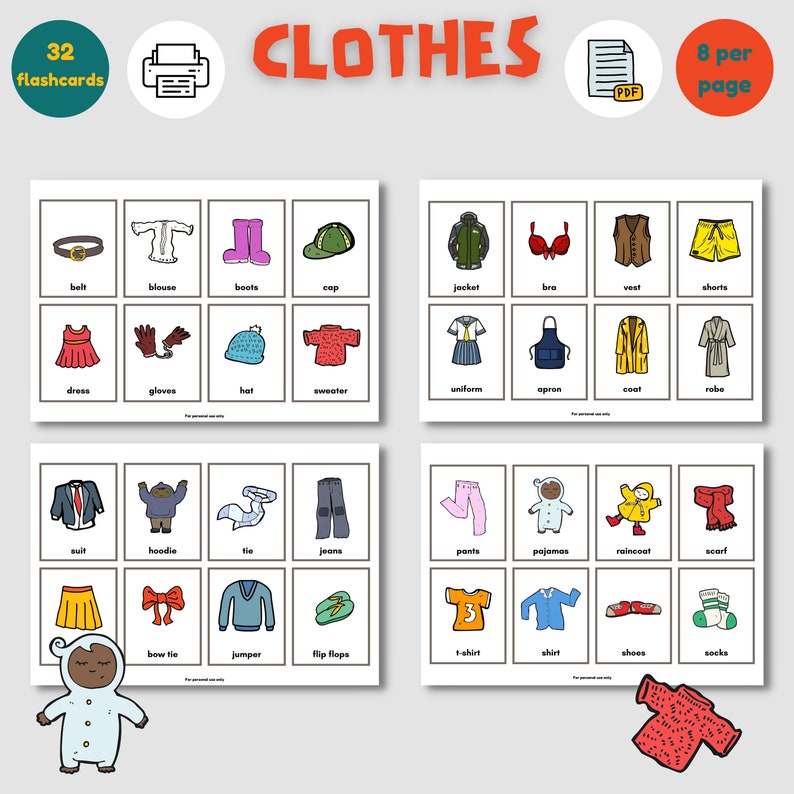 Clothes Digital Flashcards, Teaching Materials Instant Downloads, Cute ...