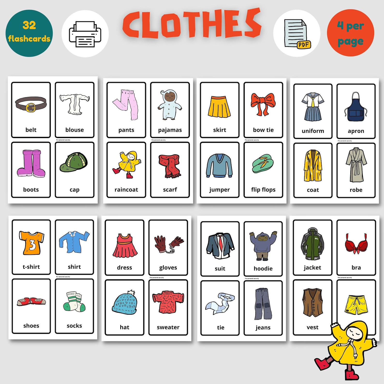 Clothes Digital Flashcards, Teaching Materials Instant Downloads, Cute ...