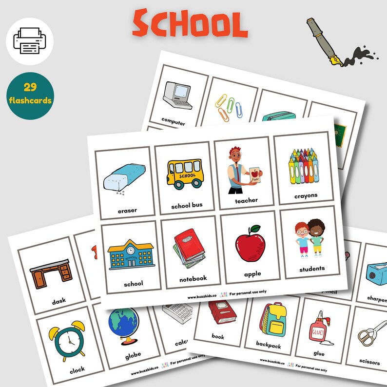 SCHOOL Flashcards Instant Downloads, School Related Words, Flashcards ...