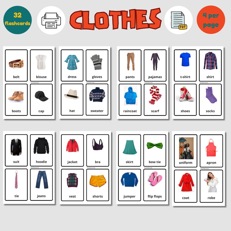 Clothes Digital Flashcards, Teaching Materials Instant Downloads, Cute ...