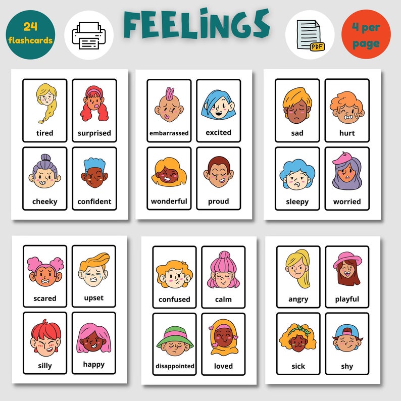 FEELINGS Flashcards Instant Downloads Happy Angry Sad Sleepy - Etsy