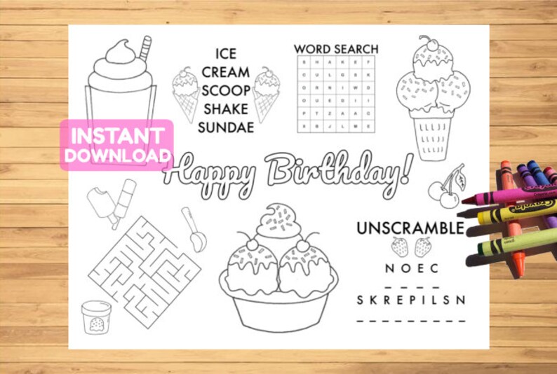 Ice Cream Birthday Activity Sheet, 8.5x 11, Printable, Party Favor, Ice ...