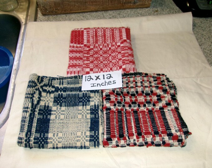 Antique Coverlet Cloth, Remnant Pieces, 3 Set 12 X 12 Inches, Early ...