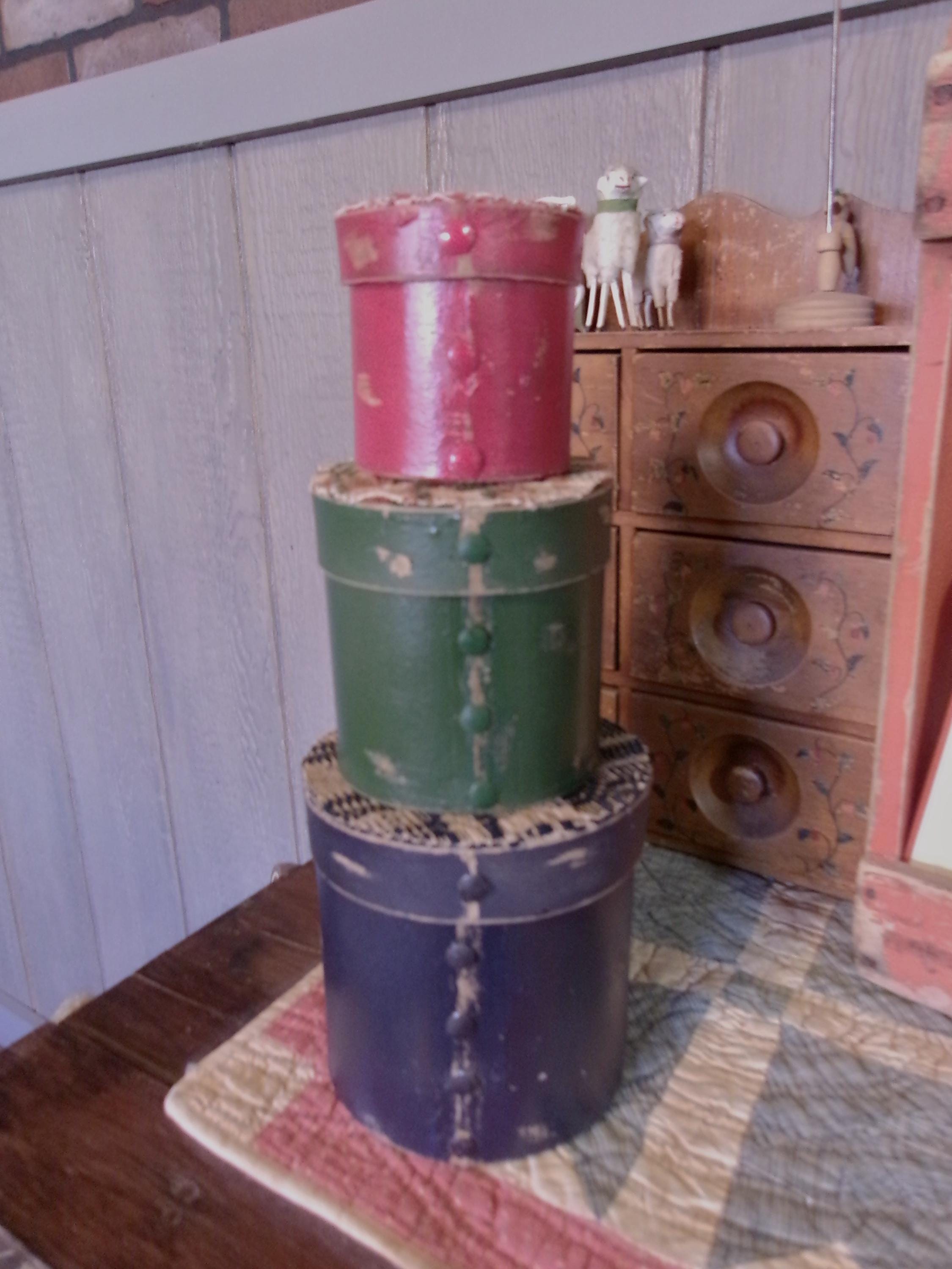 Primitive Pantry Boxes, Paper Mache With Coverlet Cloth Lids, Blue ...