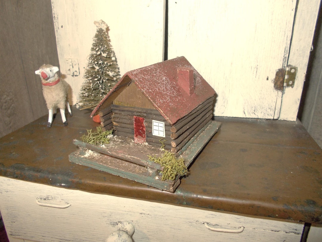Antique Germany Wood Log Cabin, Mica Glitter Putz House, X'mas Display ...