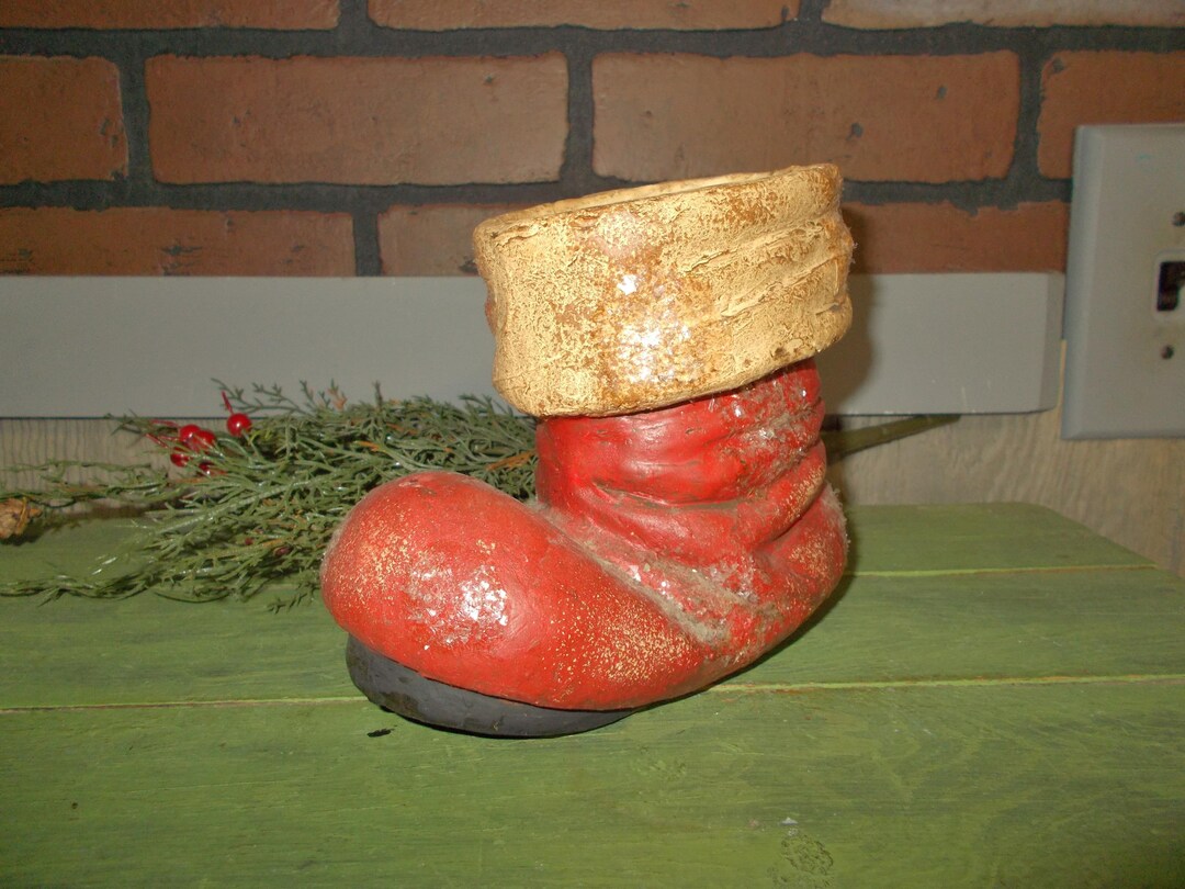 Primitive Mache Clay Santa Boot, Vintage Shoe Vase, Mica Flaked Holiday ...