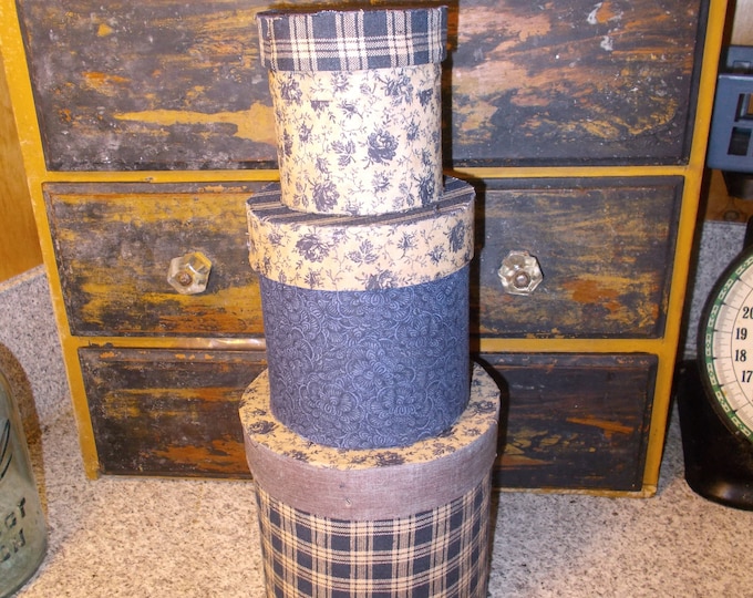 Fabric Covered Stacking Containers, Primitive Box Set, Blue Homespun ...