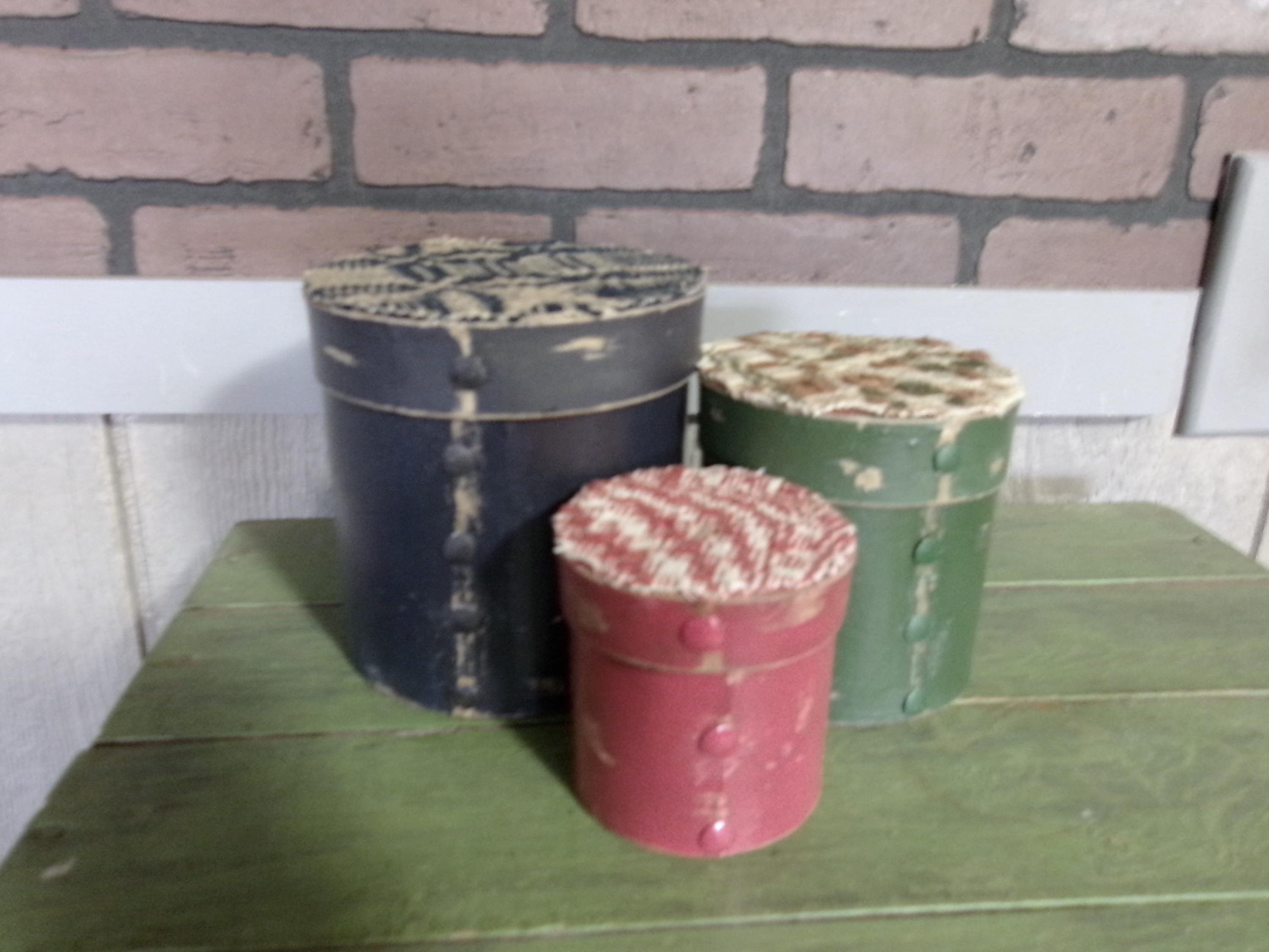 Primitive Pantry Boxes, Paper Mache With Coverlet Cloth Lids, Blue ...