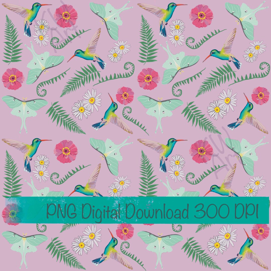 Hummingbird & Luna Moth Seamless Pattern: Nature Wallpaper (digital ...