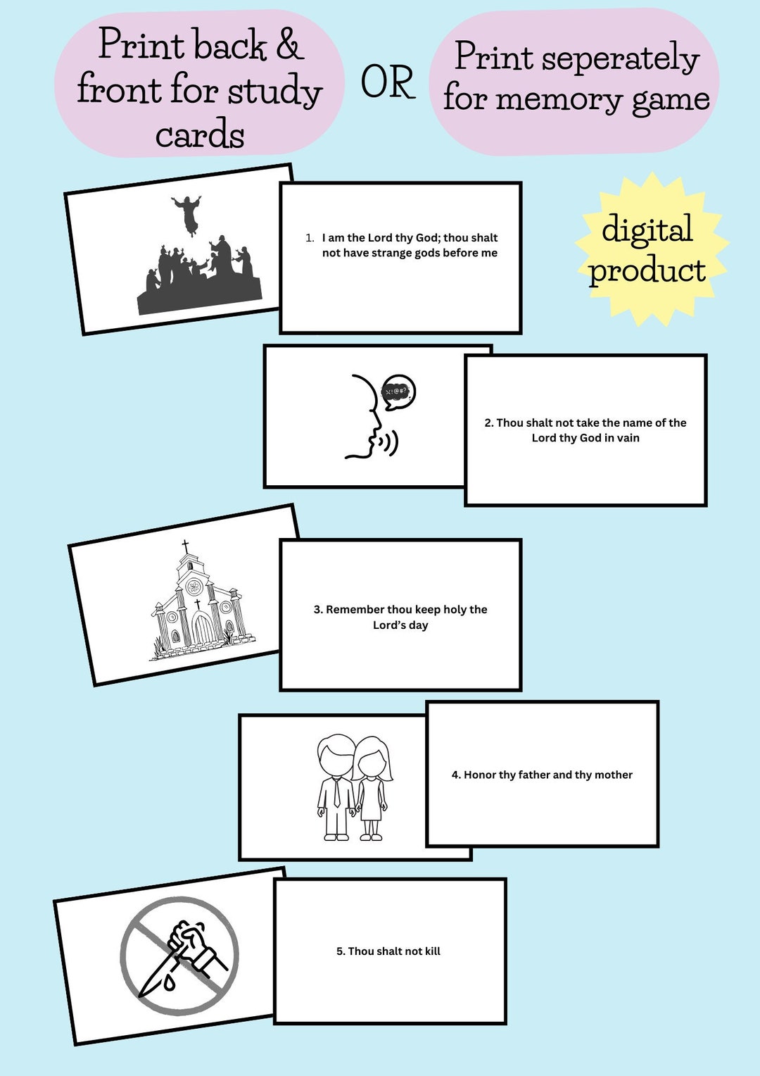 Ten Commandment Cards, Roman Catholic, Douay Rheims, Memory Cards ...