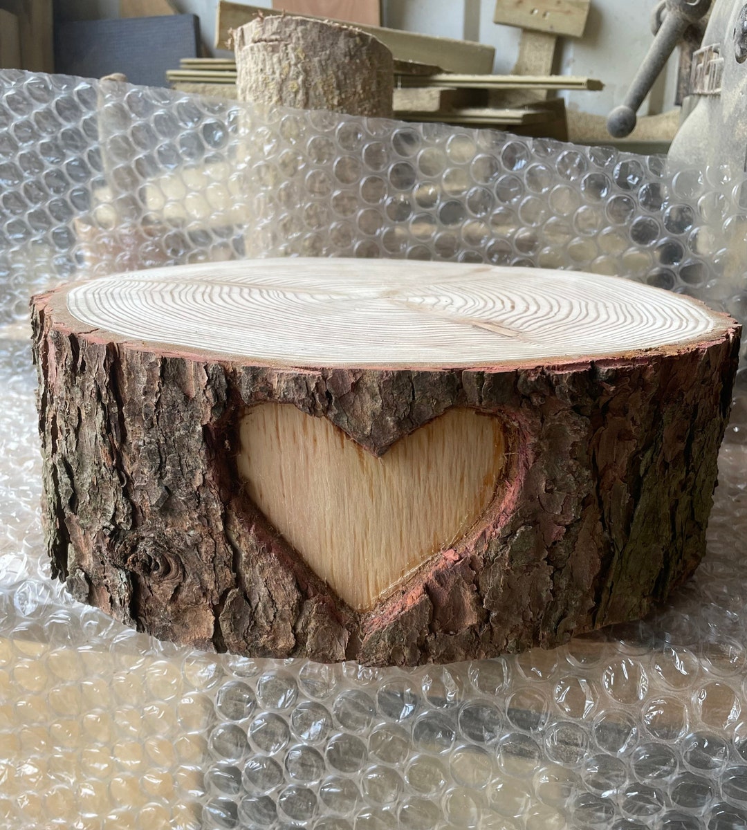 Rustic Wooden Log Cake Stand With Carved Out Heart, Personalised Option ...